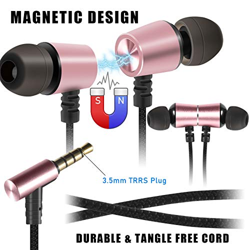 EXMAX S3 Deep Bass 3.5mm Earphones Wired Earbuds in Ear Buds Workout Headphones with Microphone Mic Magnetic Design Stereo Sound Metal Tangle-Free for Smartphone Laptop Computer MP3 Tablet- Rose Gold