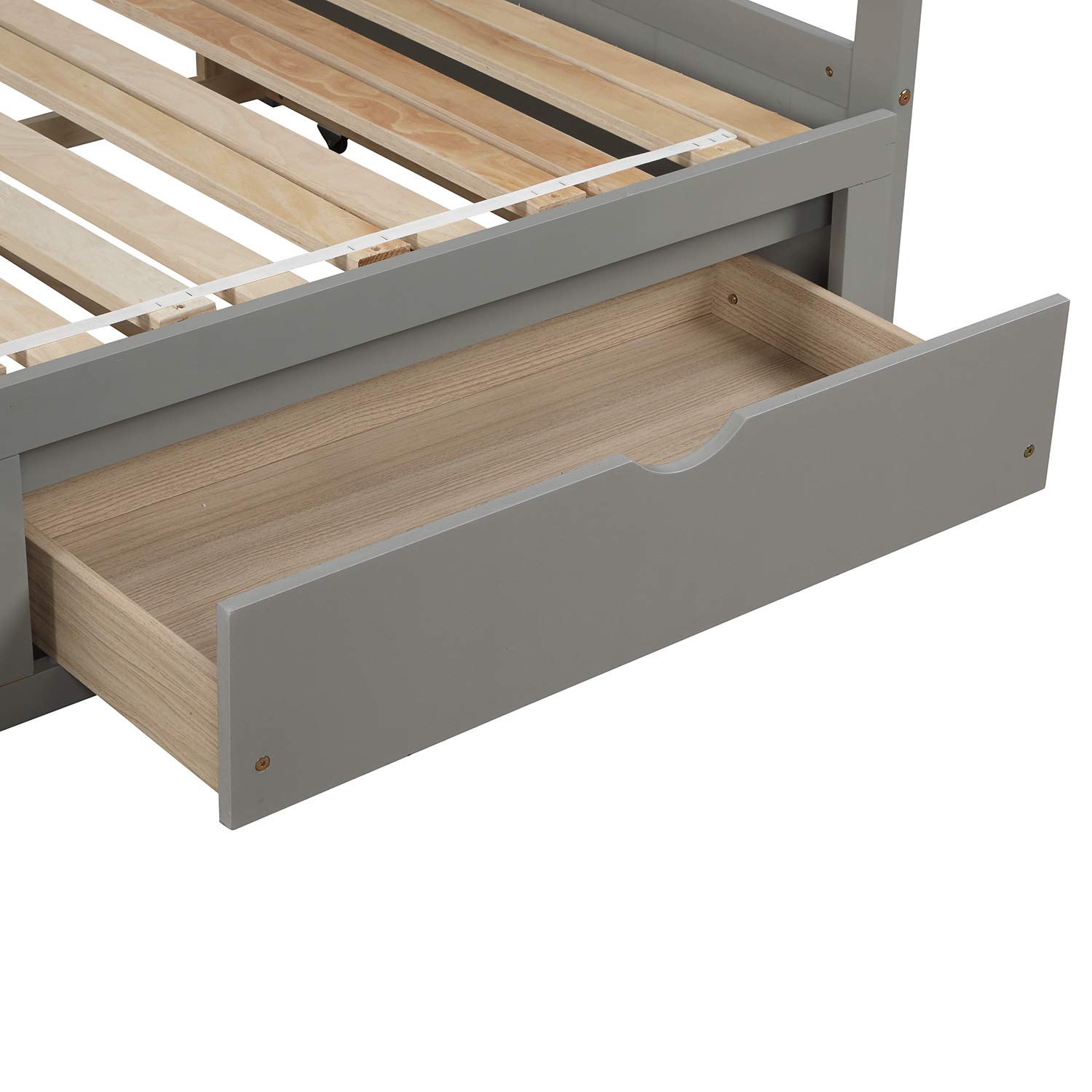 KLMM Extendable Daybed with Two Storage Drawers, Twin/King Size Foldable Daybed Solid Wood, Roll Out Trundle Accommodate Twin Size Mattresses (Gray)