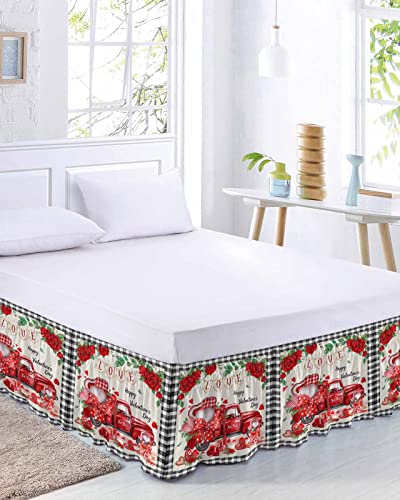 Valentine's Day Bed Skirt King Size 18 Inch Drop,Adjustable & Elastic Wrap Around Bed Skirts Pleated Dust Ruffles for Twin Full Queen Cal King Bed,Red Truck Spring Saint Rose Love Black Plaid Check