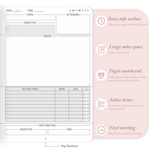Elegant Meeting Notebook for Work with Action Items, Premium Leatherette Hardcover Meeting Planner with Numbered Pages, 7 x 10" Project Planner Notebook for Office Business Meeting Notes Agenda Organizer for Men & Women, 168 Pages (Rose Gold)