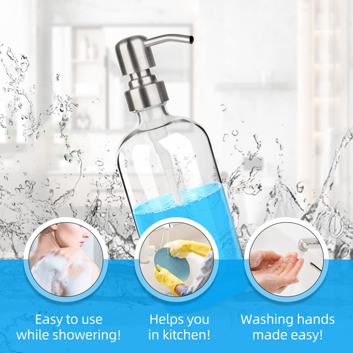 ARKTEK Glass Soap Dispenser - Clear Dish Soap Dispenser for Kitchen, Refillable Liquid Hand Soap Dispenser with Rust Proof Stainless Steel Pump for Bathroom, Countertop (17 Ounce/ 500 ML)