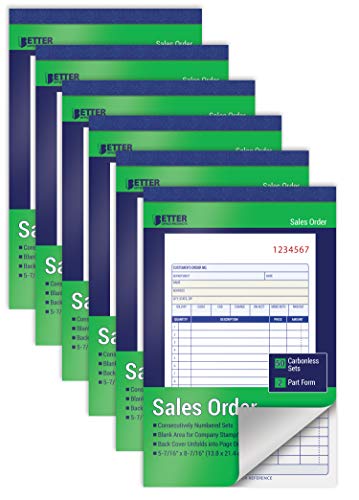 Large Sales Order Books, 6 Pack, 2-Part Carbonless (White/Canary Yellow), 5-7/16 x 8-7/16 inches, by Better Office Products, 50 Sets per Book, 300 Total Sets, 6 Books