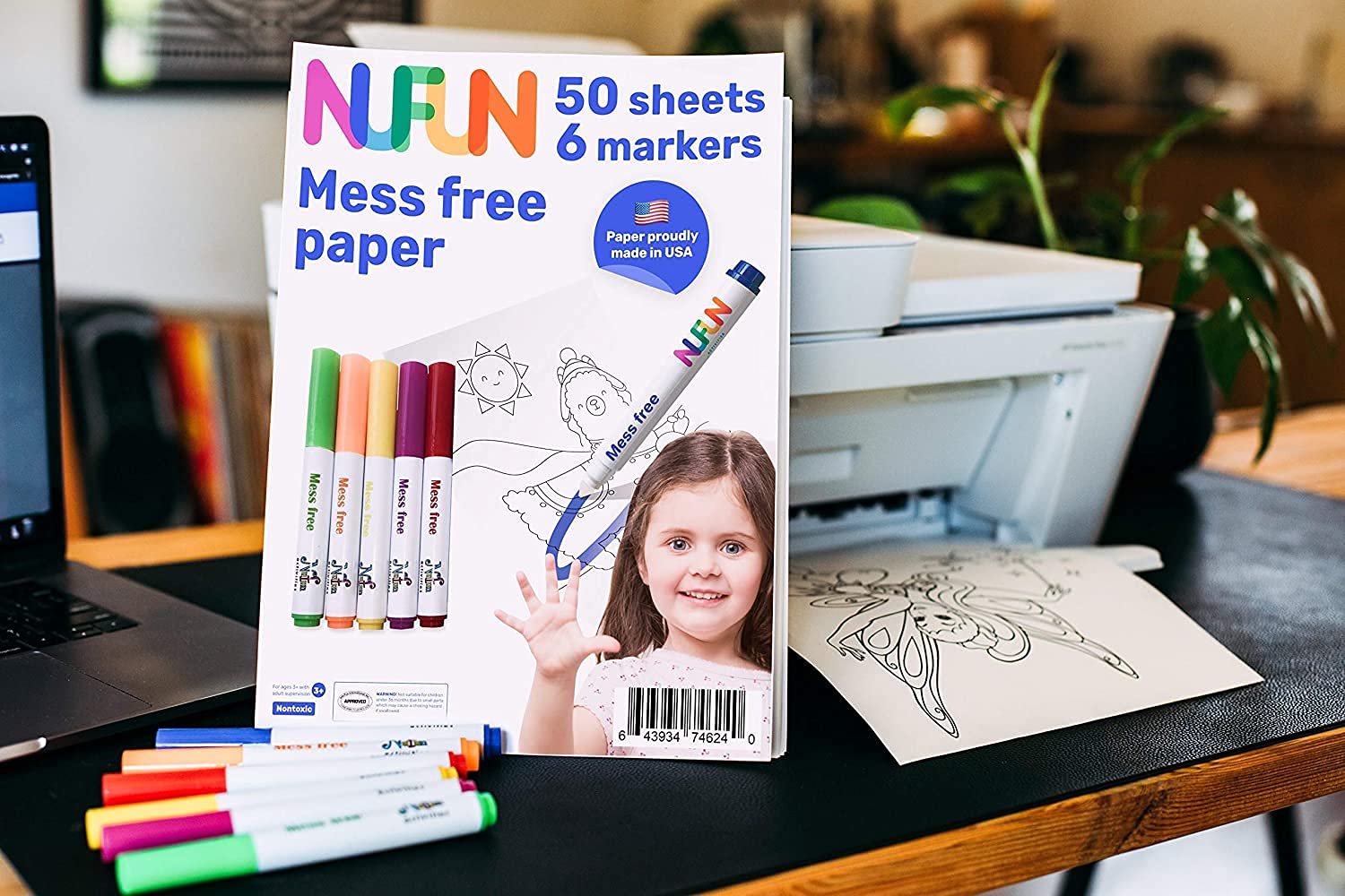 NuFun Activities Mess Free Set - Kids Create No Mess Wonders with Special Coloring Paper, Gift for Toddlers and Kids, 50 Blank Pages and 6 Markers