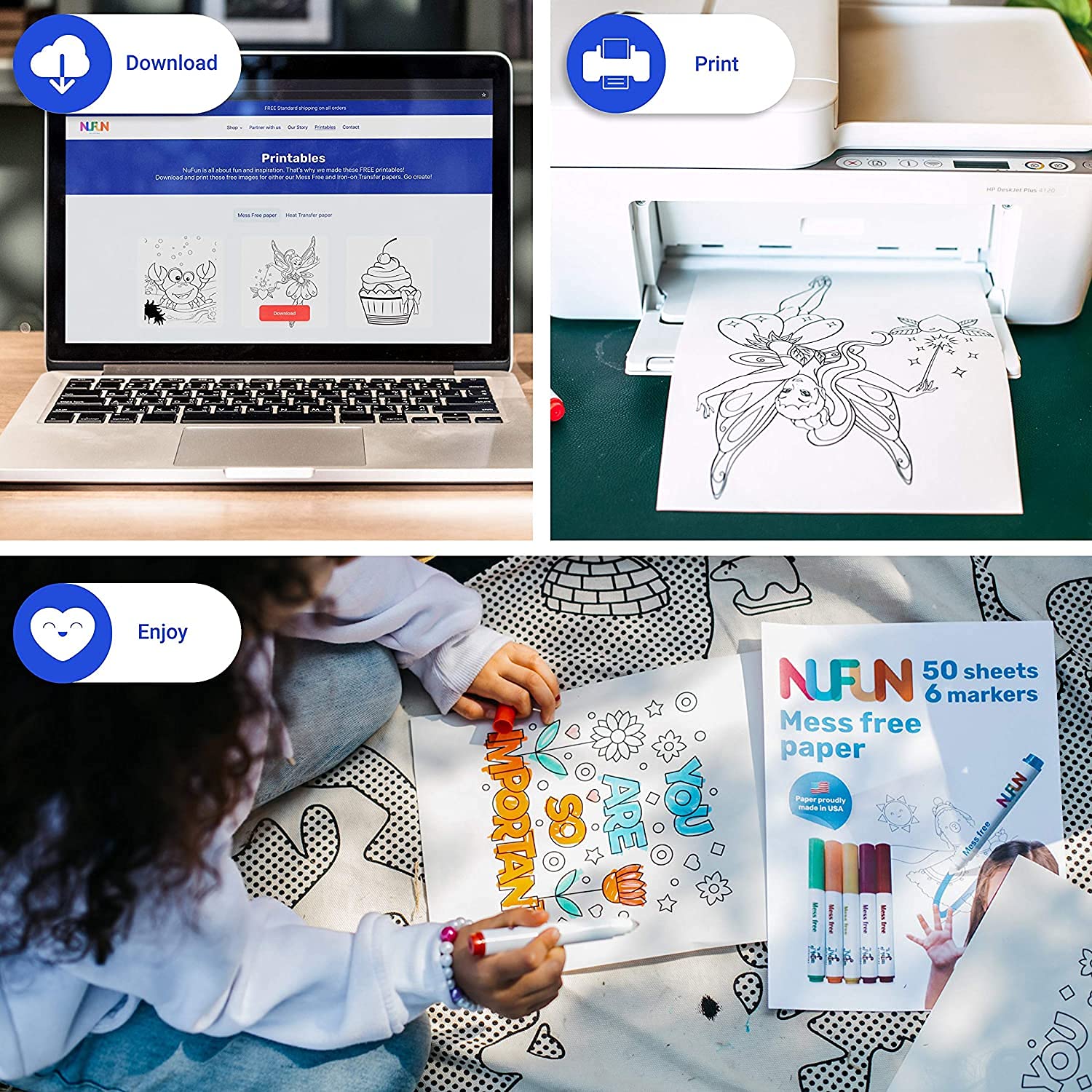 NuFun Activities Mess Free Set - Kids Create No Mess Wonders with Special Coloring Paper, Gift for Toddlers and Kids, 50 Blank Pages and 6 Markers