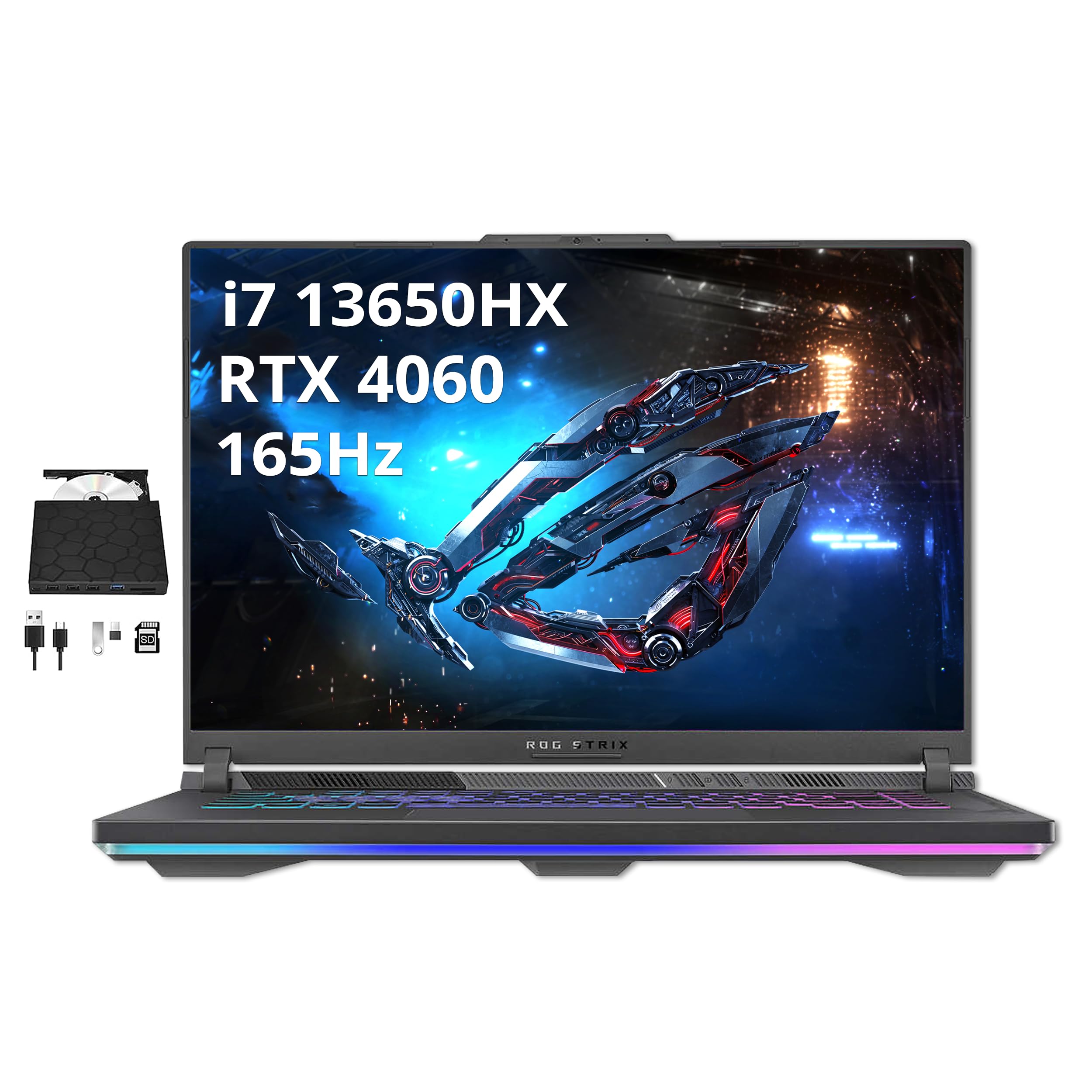 Asus 2023 ROG Strix G16 16'' WUXGA 165Hz Gaming Laptop, Intel Core i7-13650HX, NVIDIA GeForce RTX 4060, 32GB DDR5 RAM, 1TB SSD, 4zone RGB Backlit Keyboard, Win 11 Pro, Gray, Hotface DVD-RW USB Hub