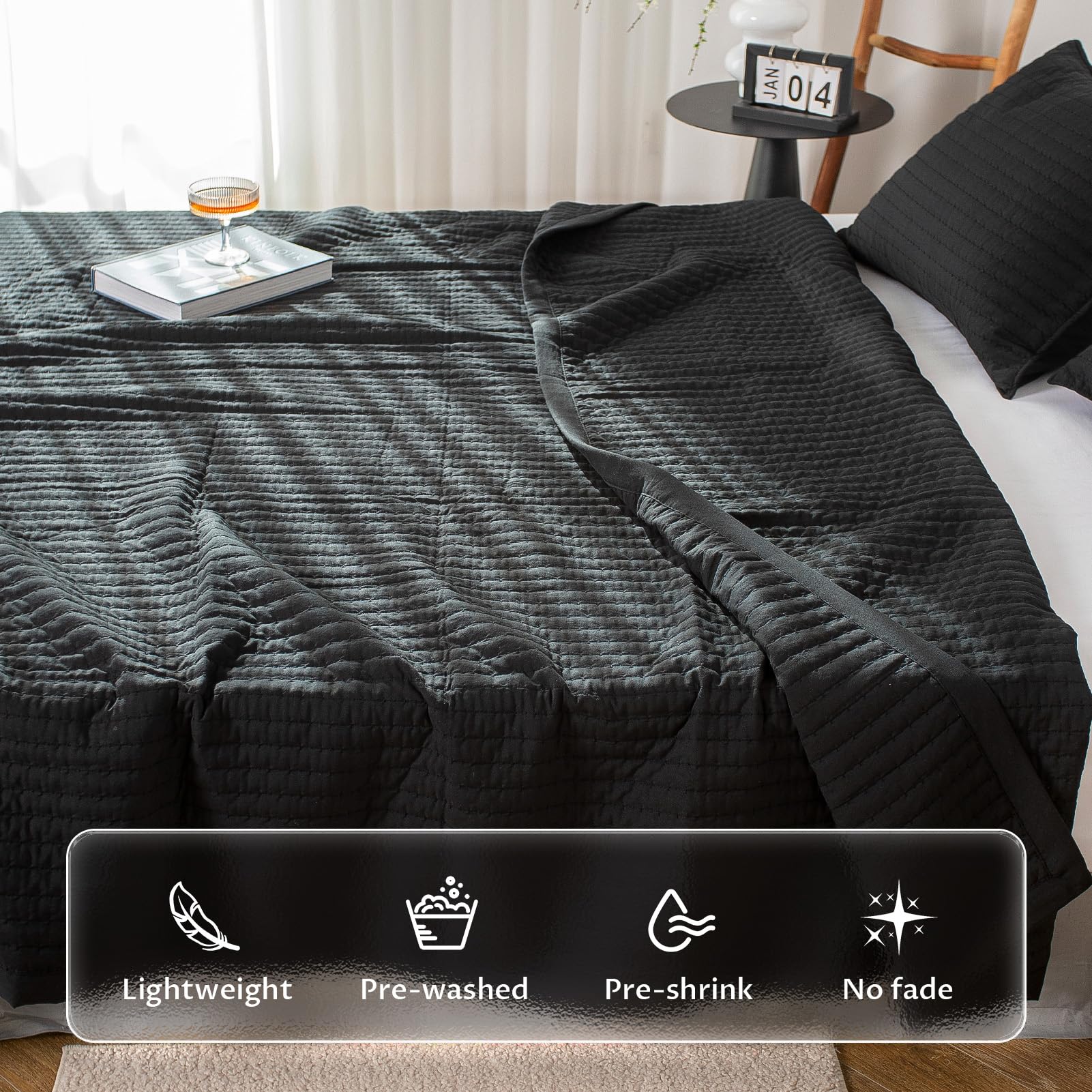 KASENTEX Black King Size Quilt Bedding Sets with Pillow-Shams, Dark Lightweight Soft Bedspread Coverlet, Quilted Blanket Thin Comforter Bed Cover, All Season Summer Spring, 3 Pieces, 104x90 inches
