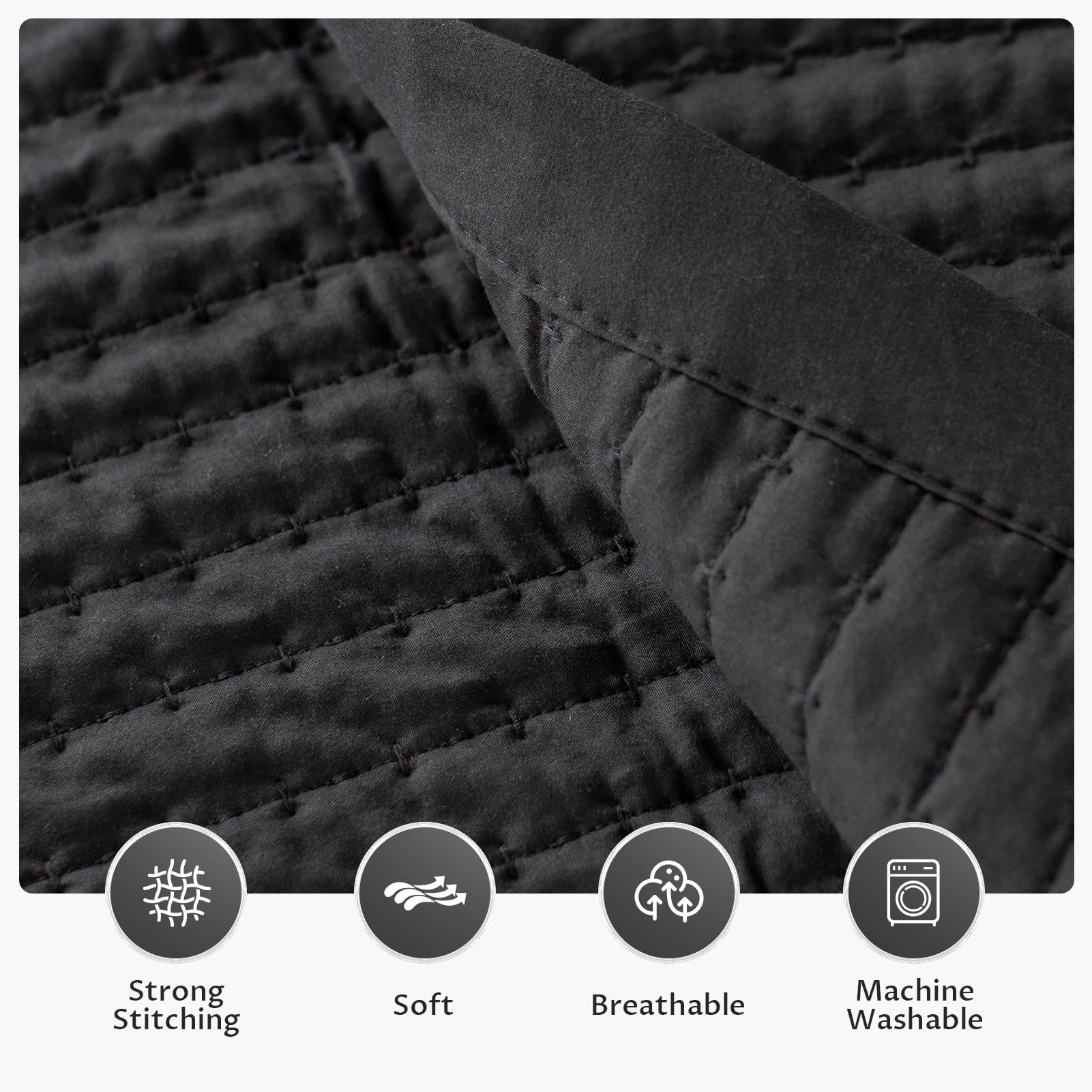 KASENTEX Black King Size Quilt Bedding Sets with Pillow-Shams, Dark Lightweight Soft Bedspread Coverlet, Quilted Blanket Thin Comforter Bed Cover, All Season Summer Spring, 3 Pieces, 104x90 inches