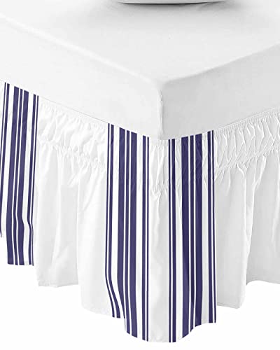 Navy Blue Stripes Bed Skirt King Size 16 Inch Drop, Adjustable & Elastic Wrap Around Bed Skirts Pleated Luxury Dust Ruffles for Twin Full Queen Cal King Base Bed, White Abstract Modern Geometric Art