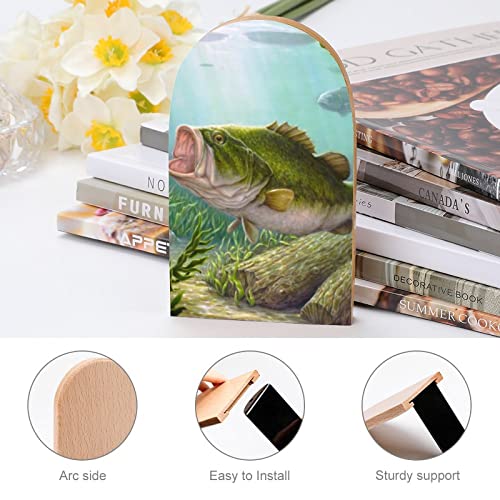 Wooden Book Ends 2 Pieces,Bass Fish Decorative Bookshelf Sturdy Book Holders for Home Office School Book Organizers 5x3.1x3.9 inches
