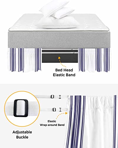 Navy Blue Stripes Bed Skirt King Size 16 Inch Drop, Adjustable & Elastic Wrap Around Bed Skirts Pleated Luxury Dust Ruffles for Twin Full Queen Cal King Base Bed, White Abstract Modern Geometric Art