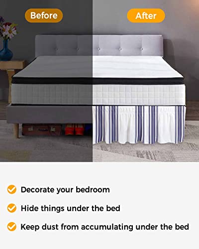 Navy Blue Stripes Bed Skirt King Size 16 Inch Drop, Adjustable & Elastic Wrap Around Bed Skirts Pleated Luxury Dust Ruffles for Twin Full Queen Cal King Base Bed, White Abstract Modern Geometric Art
