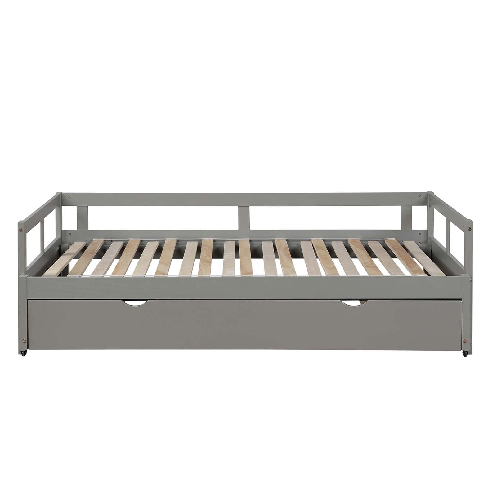 Wood Daybed with Trundle, Twin to King Design Sofa Bed, Modern Multi-Function Extendable Trundle Daybed Frame for Bedroom, Living Room (Gray)