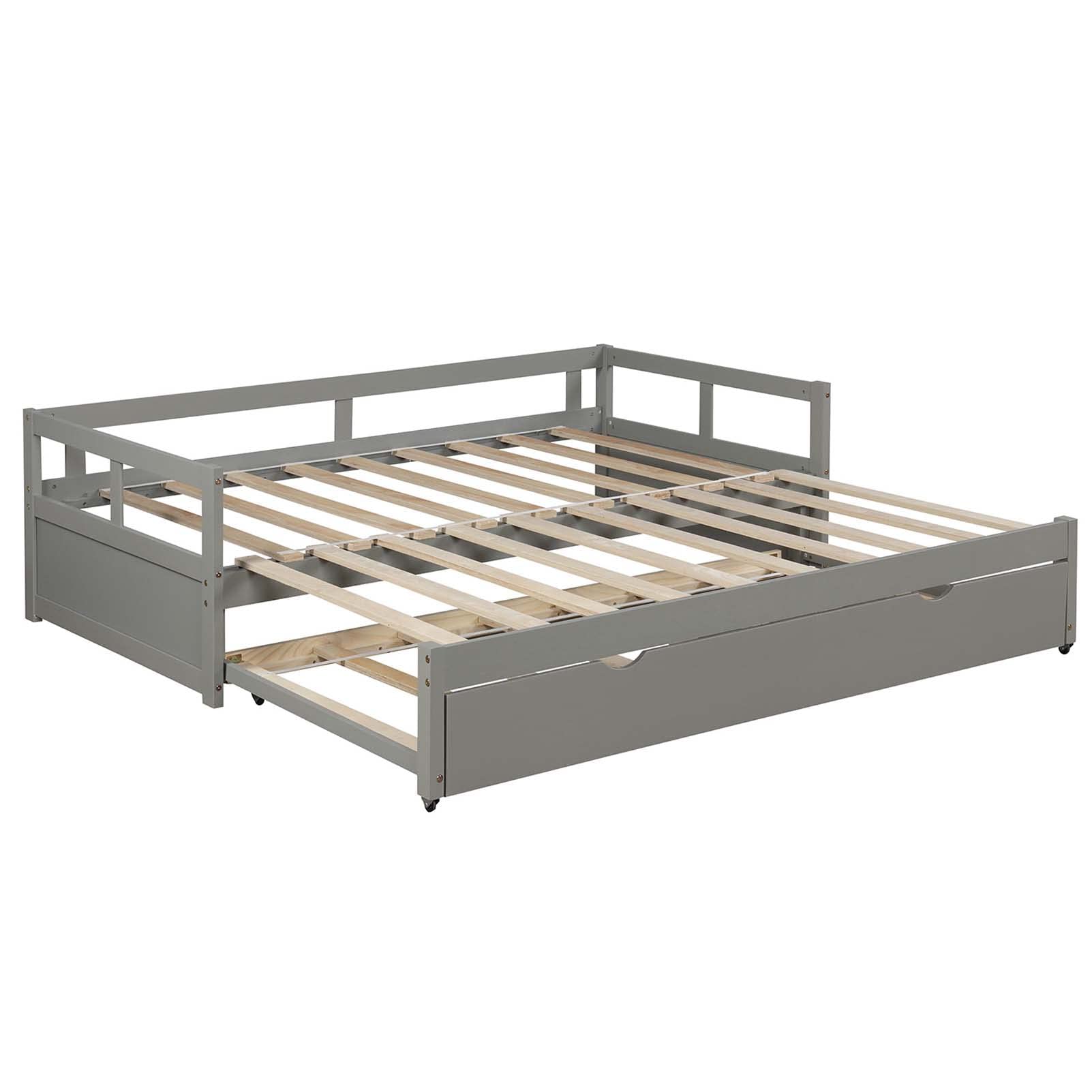 Wood Daybed with Trundle, Twin to King Design Sofa Bed, Modern Multi-Function Extendable Trundle Daybed Frame for Bedroom, Living Room (Gray)