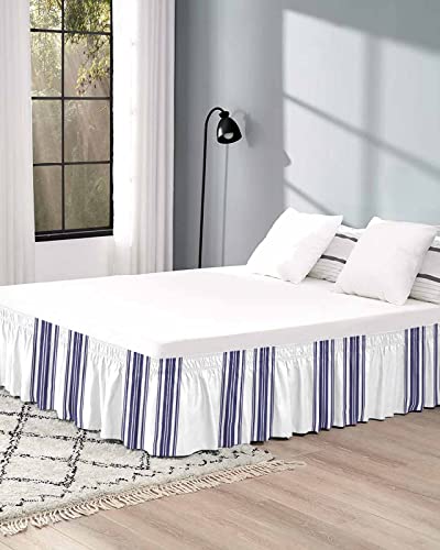 Navy Blue Stripes Bed Skirt King Size 16 Inch Drop, Adjustable & Elastic Wrap Around Bed Skirts Pleated Luxury Dust Ruffles for Twin Full Queen Cal King Base Bed, White Abstract Modern Geometric Art