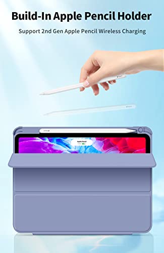 ExuCase for iPad Air 5th Generation 10.9 Inch 2022 / iPad Air 4th Gen 2020 / iPad Pro 11 2022/2021/2020/2018 with Pencil Holder, Trifold Smart Cases Shell + Clear Transparent Back Cover, Gray Purple