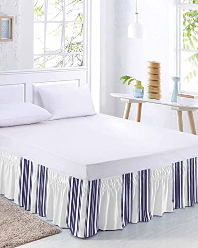 Navy Blue Stripes Bed Skirt King Size 16 Inch Drop, Adjustable & Elastic Wrap Around Bed Skirts Pleated Luxury Dust Ruffles for Twin Full Queen Cal King Base Bed, White Abstract Modern Geometric Art