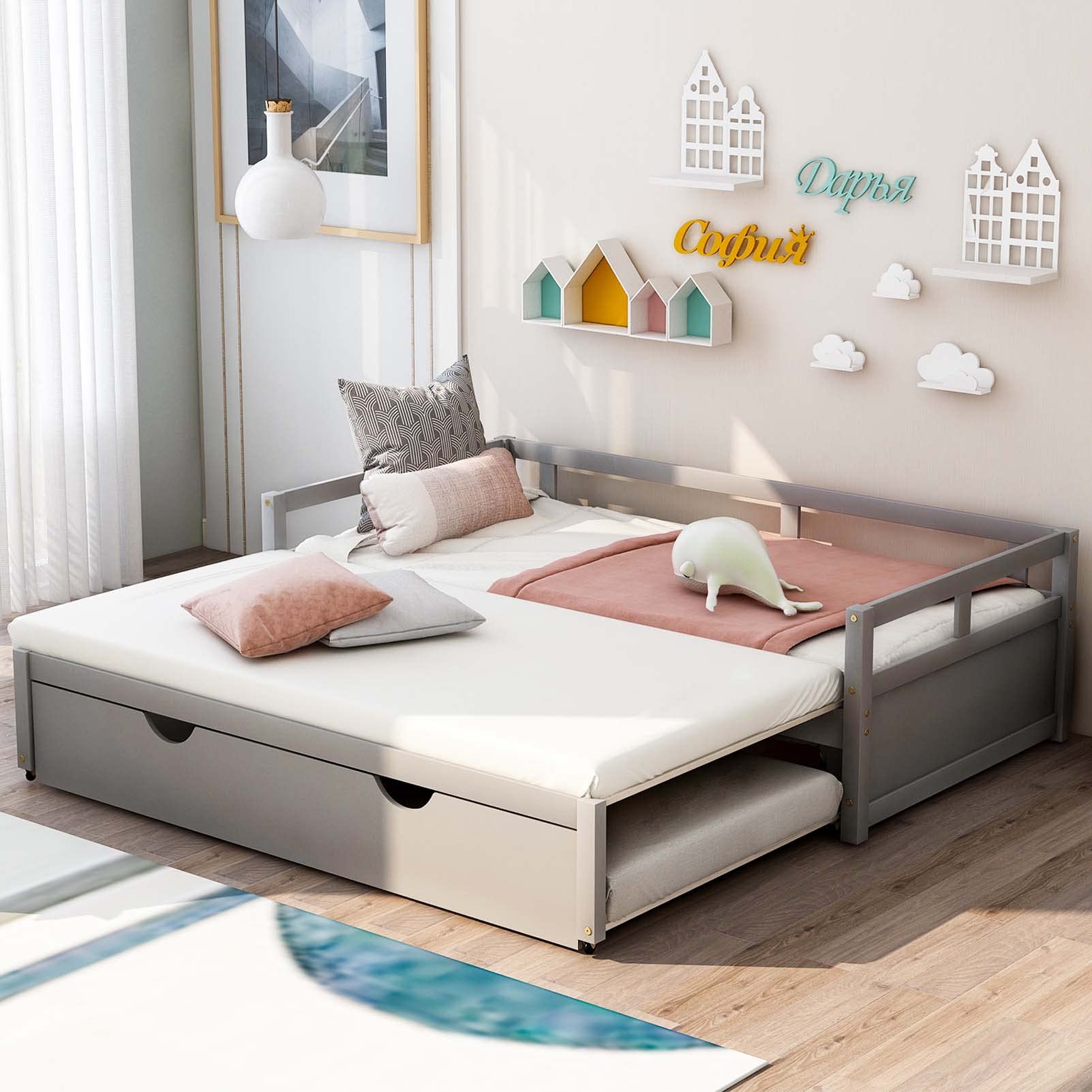Wood Daybed with Trundle, Twin to King Design Sofa Bed, Modern Multi-Function Extendable Trundle Daybed Frame for Bedroom, Living Room (Gray)