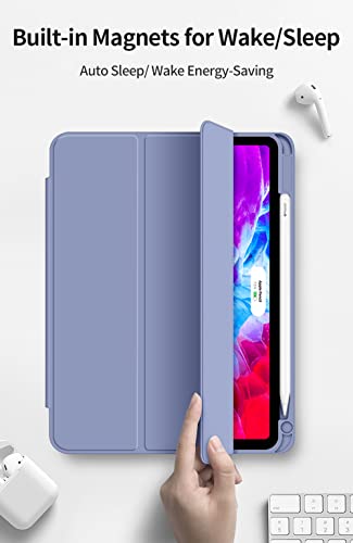 ExuCase for iPad Air 5th Generation 10.9 Inch 2022 / iPad Air 4th Gen 2020 / iPad Pro 11 2022/2021/2020/2018 with Pencil Holder, Trifold Smart Cases Shell + Clear Transparent Back Cover, Gray Purple