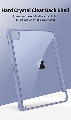ExuCase for iPad Air 5th Generation 10.9 Inch 2022 / iPad Air 4th Gen 2020 / iPad Pro 11 2022/2021/2020/2018 with Pencil Holder, Trifold Smart Cases Shell + Clear Transparent Back Cover, Gray Purple