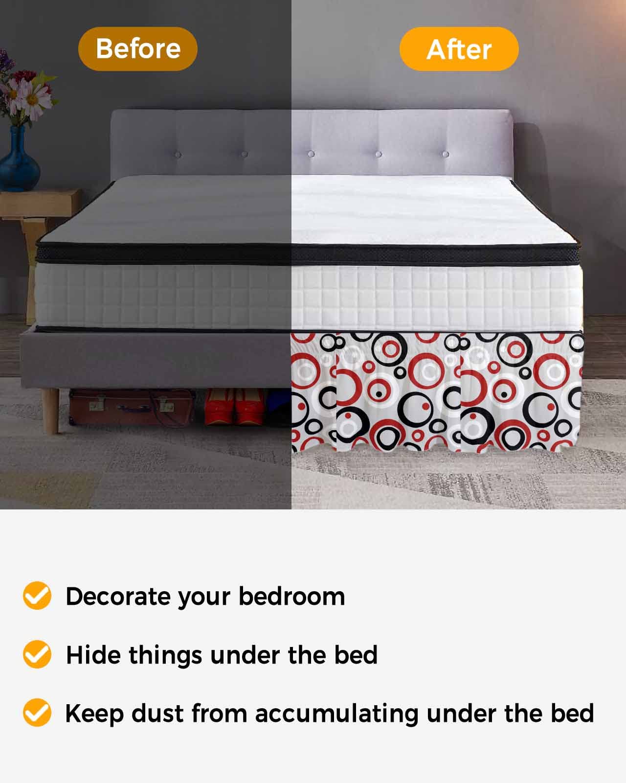 Red Black Bed Skirt Queen Size 16 Inch Drop, Adjustable & Elastic Wrap Around Bed Skirts Pleated Luxury Dust Ruffles for Twin Full Queen Cal King Base Bed, Modern Geometric Boho Polka Dot Grey
