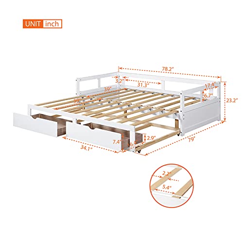 YSWH Pinewood Extending Daybed with Storage Drawers, Can Be Expanded from Twin Size to King Size, Sofa Bed Frame with Safety Guardrails, for Kids Teens (White)
