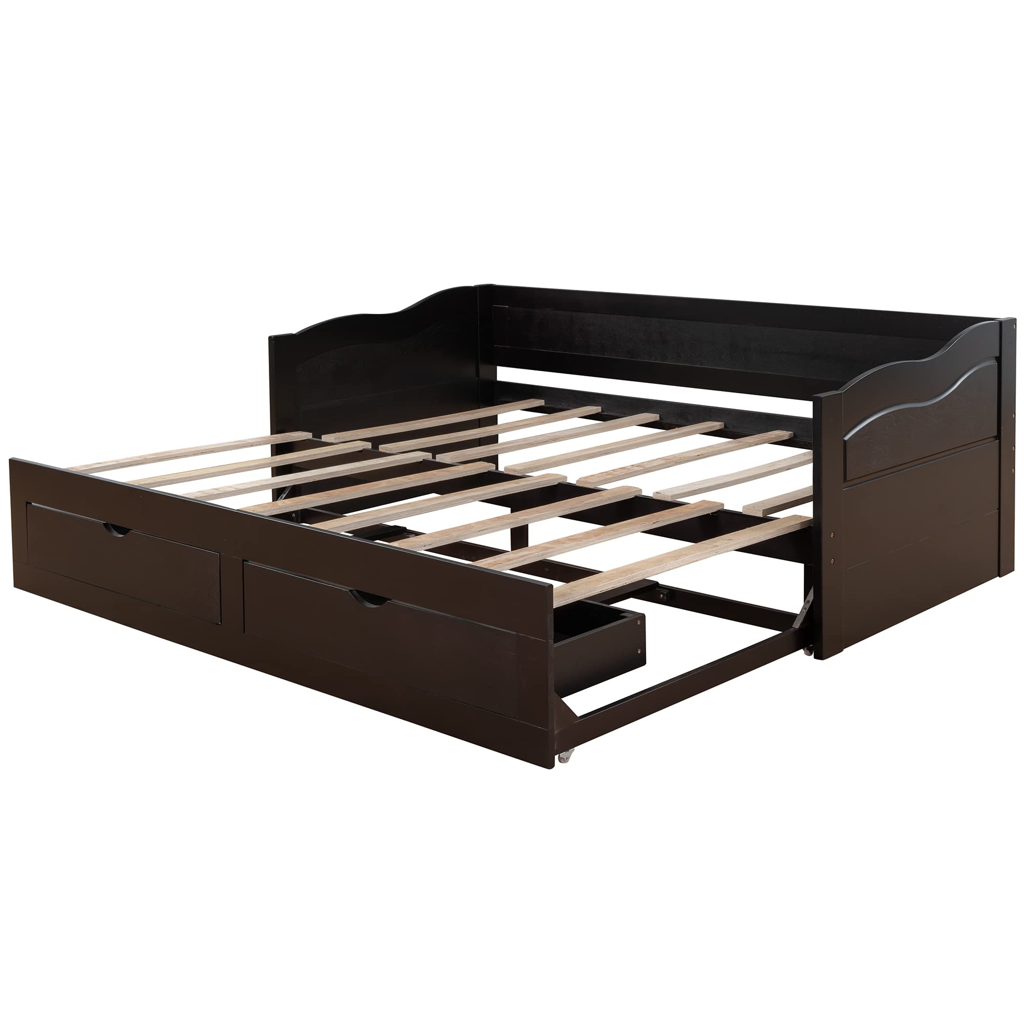 Flieks Wooden Daybed with Trundle Bed and Two Storage Drawers Twin Bed to King Design Sofa Bed, 77.2" L x76.4 W Extendable Bed Daybed for Bedroom Living Room