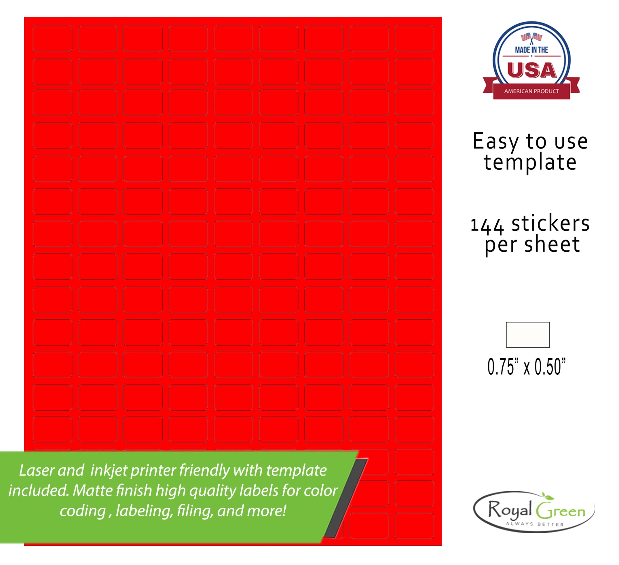 Royal Green Rectangular Small Printing Stickers Sheets Labels 0.75" x 0.5", Permanent Red Color Coding Labels for Laser or Inkjet Printer Template Included, 50 Sheets - 7200 Pack