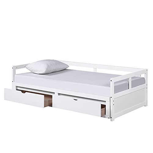 YSWH Pinewood Extending Daybed with Storage Drawers, Can Be Expanded from Twin Size to King Size, Sofa Bed Frame with Safety Guardrails, for Kids Teens (White)