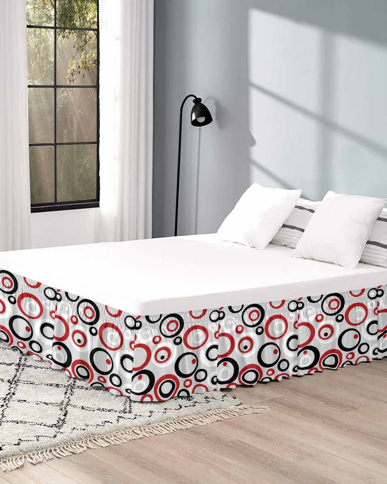 Red Black Bed Skirt Queen Size 16 Inch Drop, Adjustable & Elastic Wrap Around Bed Skirts Pleated Luxury Dust Ruffles for Twin Full Queen Cal King Base Bed, Modern Geometric Boho Polka Dot Grey