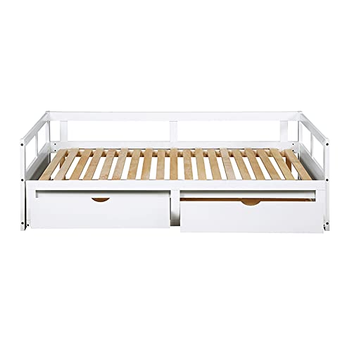YSWH Pinewood Extending Daybed with Storage Drawers, Can Be Expanded from Twin Size to King Size, Sofa Bed Frame with Safety Guardrails, for Kids Teens (White)