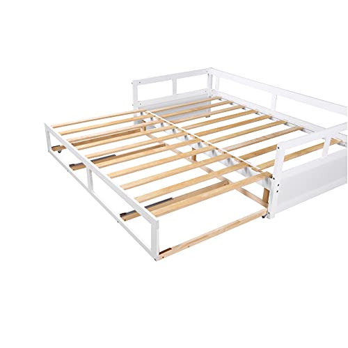 YSWH Pinewood Extending Daybed with Storage Drawers, Can Be Expanded from Twin Size to King Size, Sofa Bed Frame with Safety Guardrails, for Kids Teens (White)