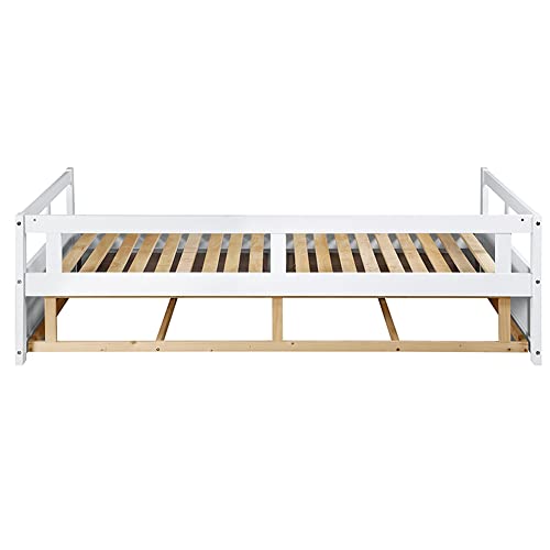 YSWH Pinewood Extending Daybed with Storage Drawers, Can Be Expanded from Twin Size to King Size, Sofa Bed Frame with Safety Guardrails, for Kids Teens (White)