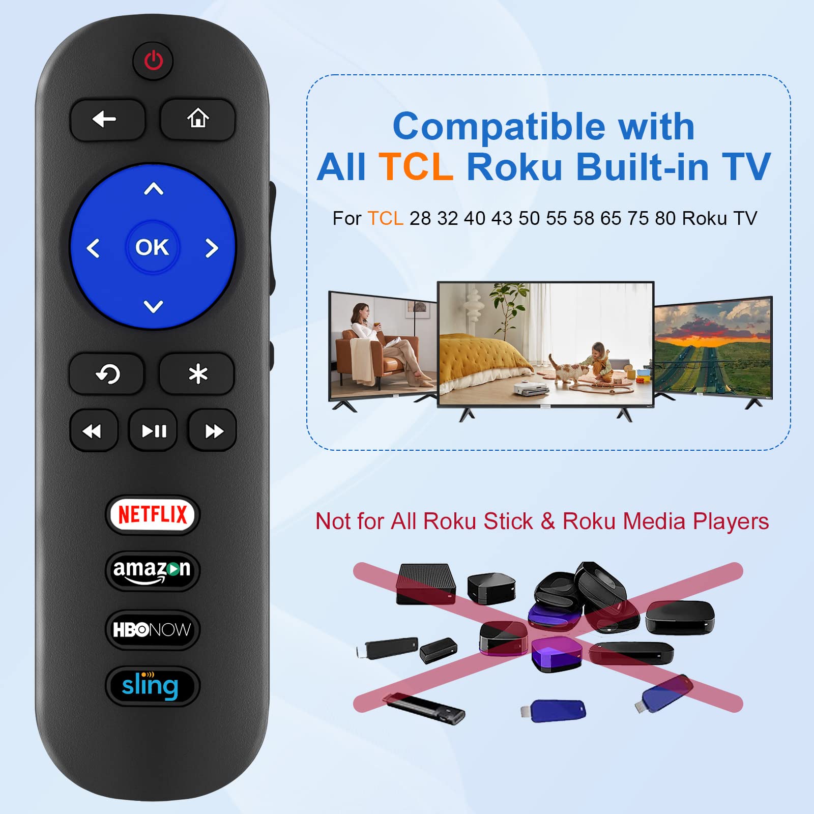 Pack of 2 Replacement Remote Compatible with All TCL Roku TV Remote, RC280 RC282 Remote for TCL 28 32 40 43 48 49 50 55 65 75 85 inch Smart Roku TV, No Setup & Pair Requried
