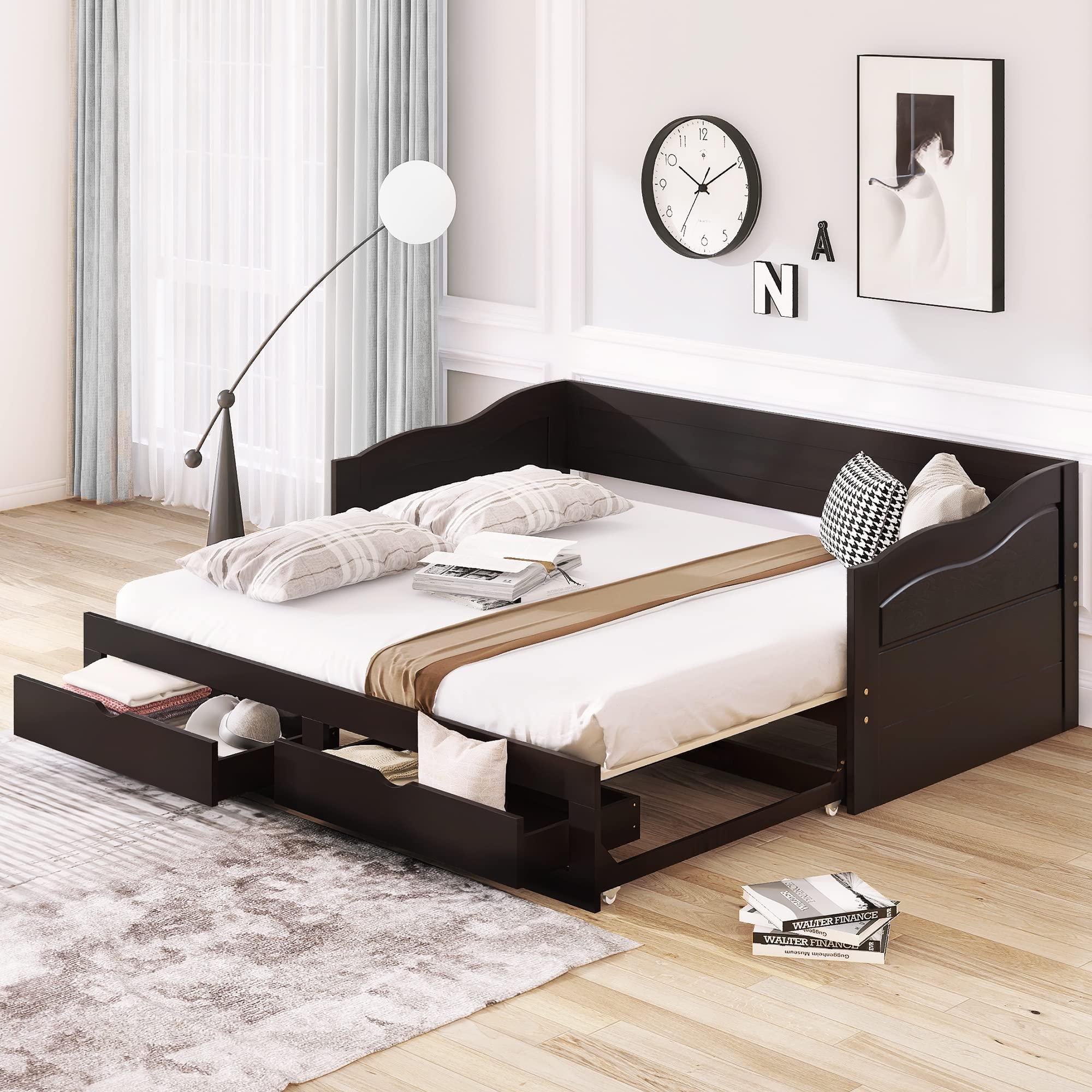 Flieks Wooden Daybed with Trundle Bed and Two Storage Drawers Twin Bed to King Design Sofa Bed, 77.2" L x76.4 W Extendable Bed Daybed for Bedroom Living Room