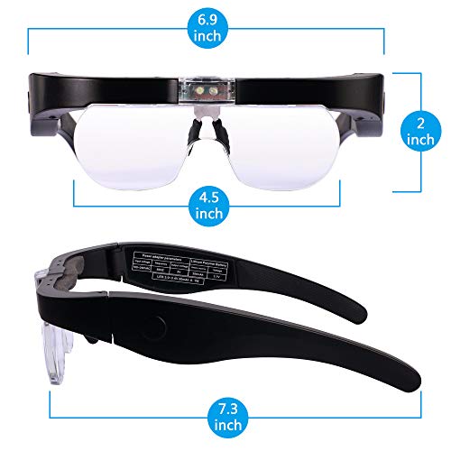 Head Magnifier Glasses with 2 LED Lights USB Charging Magnifying Eyeglasses for Reading Jewelry Craft Watch Repair Hobby, Detachable Lenses 1.5X, 2.5X, 3.5X,5X(Black)