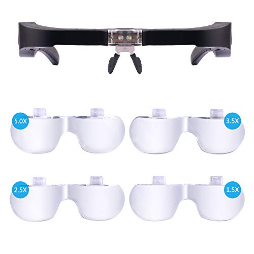 Head Magnifier Glasses with 2 LED Lights USB Charging Magnifying Eyeglasses for Reading Jewelry Craft Watch Repair Hobby, Detachable Lenses 1.5X, 2.5X, 3.5X,5X(Black)