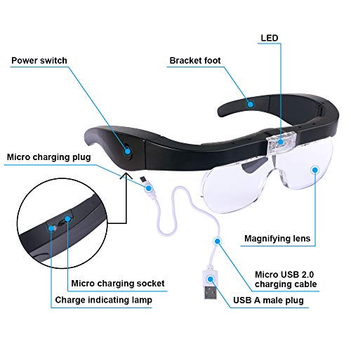 Head Magnifier Glasses with 2 LED Lights USB Charging Magnifying Eyeglasses for Reading Jewelry Craft Watch Repair Hobby, Detachable Lenses 1.5X, 2.5X, 3.5X,5X(Black)