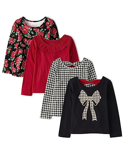 The Children's Place,and Toddler Girl Long Sleeve Fashion Shirts 4-Pack,Black | Classic RED 1 | Large Roses_Black | Rocker Plaid_Simply White,18-24 Monts