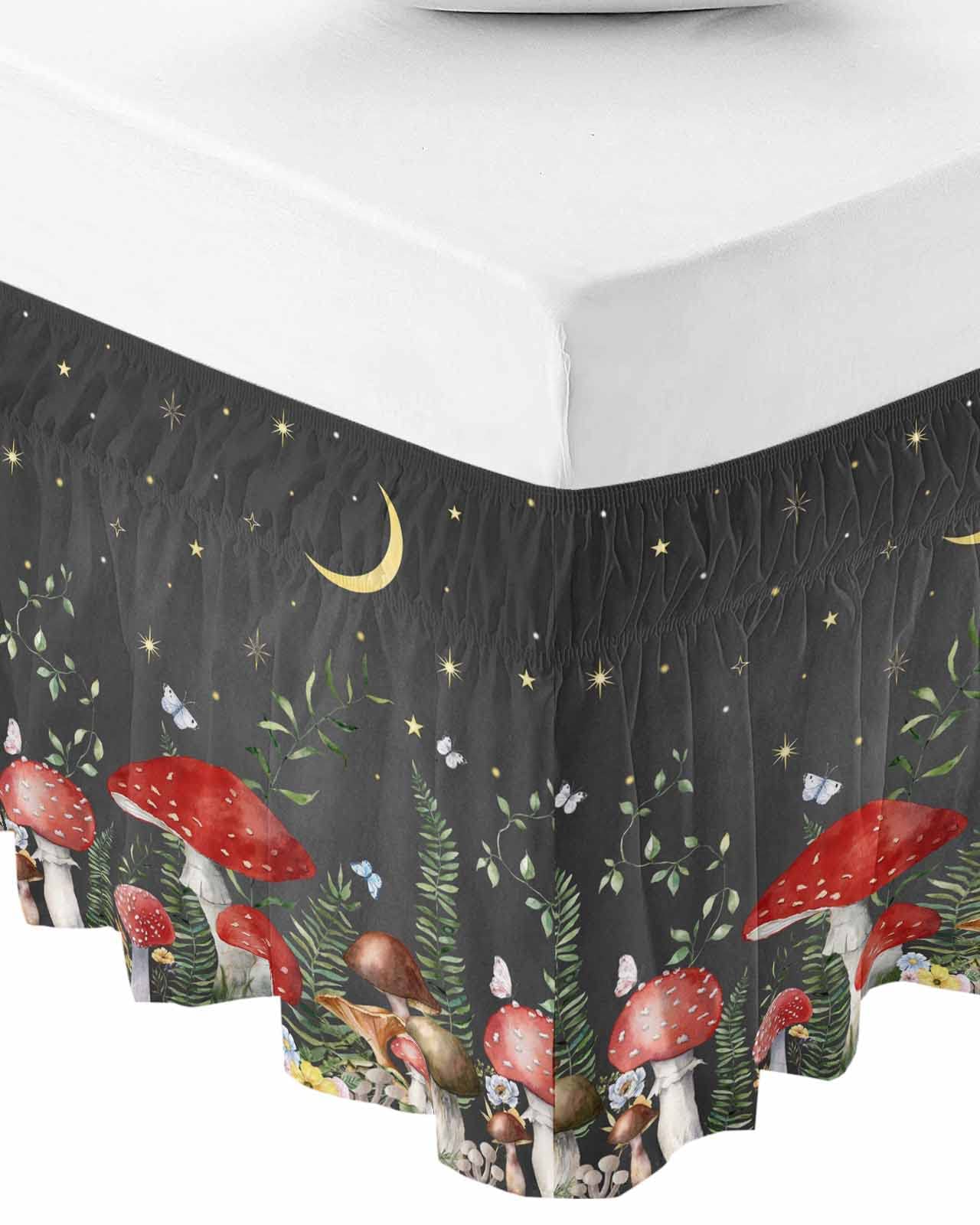 Moon Mushroom Bed Skirt Queen Size 18 Inch Drop, Adjustable & Elastic Wrap Around Bed Skirts Pleated Luxury Dust Ruffles for Twin Full Queen Cal King Base Bed, Star Eucalyptus Leaves Flower