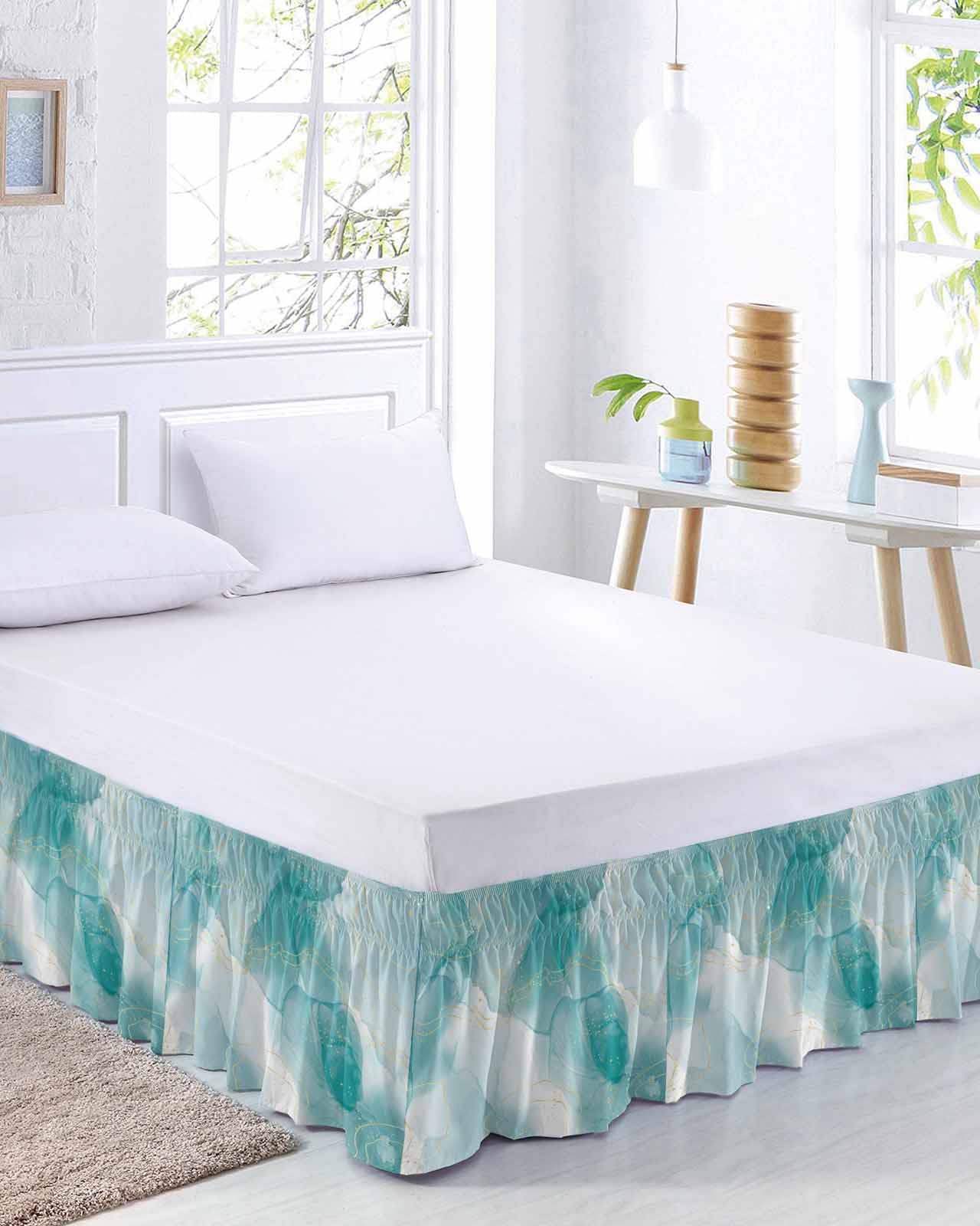 Marble Agate Bed Skirt Queen Size 16 Inch Drop, Adjustable & Elastic Wrap Around Bed Skirts Pleated Luxury Dust Ruffles for Twin Full Queen Cal King Base Bed, Marbling Gold Gradient Aqua Turquoise