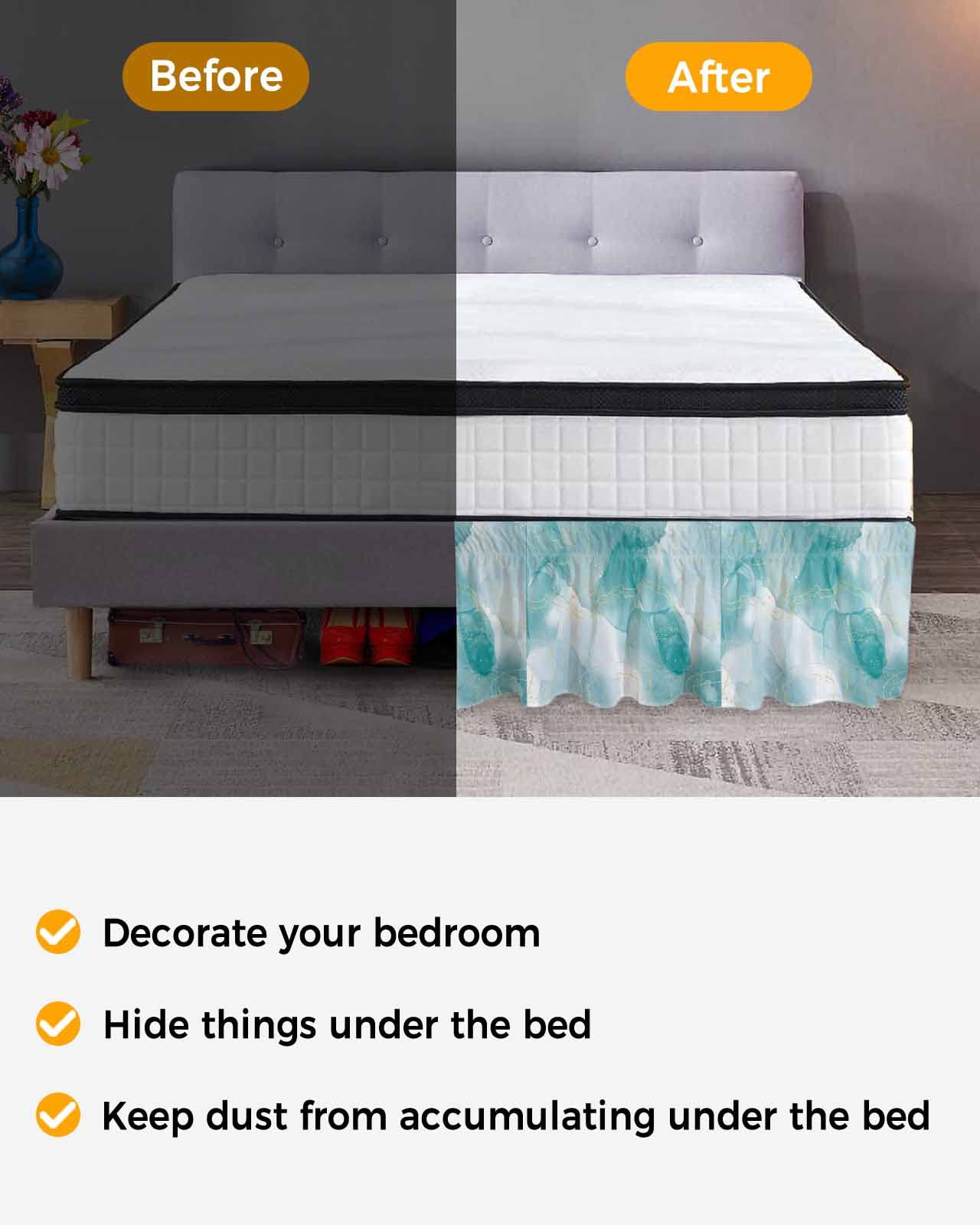 Marble Agate Bed Skirt Queen Size 16 Inch Drop, Adjustable & Elastic Wrap Around Bed Skirts Pleated Luxury Dust Ruffles for Twin Full Queen Cal King Base Bed, Marbling Gold Gradient Aqua Turquoise