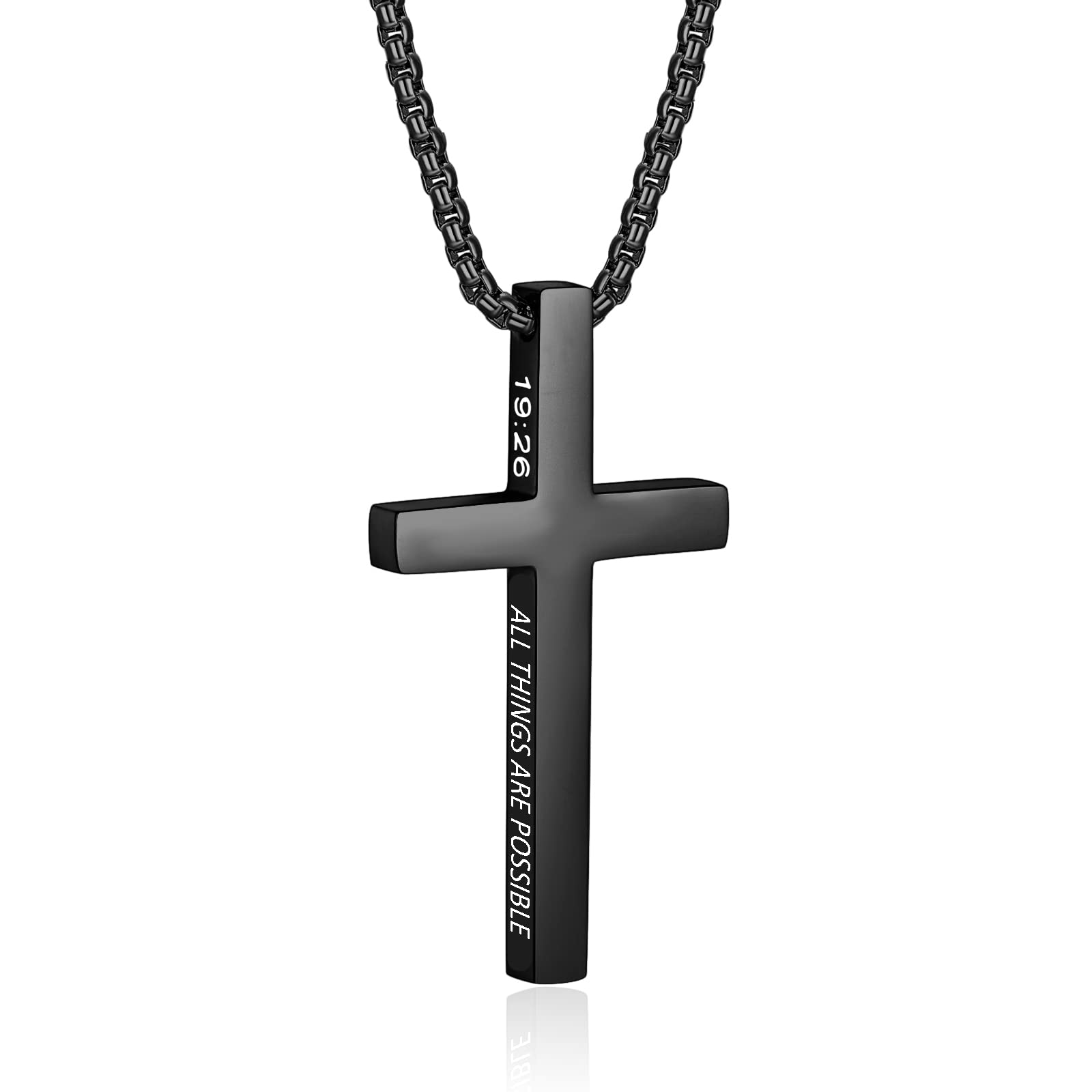 ZRAY Cross Necklace for Men Inspirational Bible Verse Cross Pendant Stainless Steel Cross Chain 22+2inch Christian Jewelry Meaningful Religious Gift for Men(B-19：26)