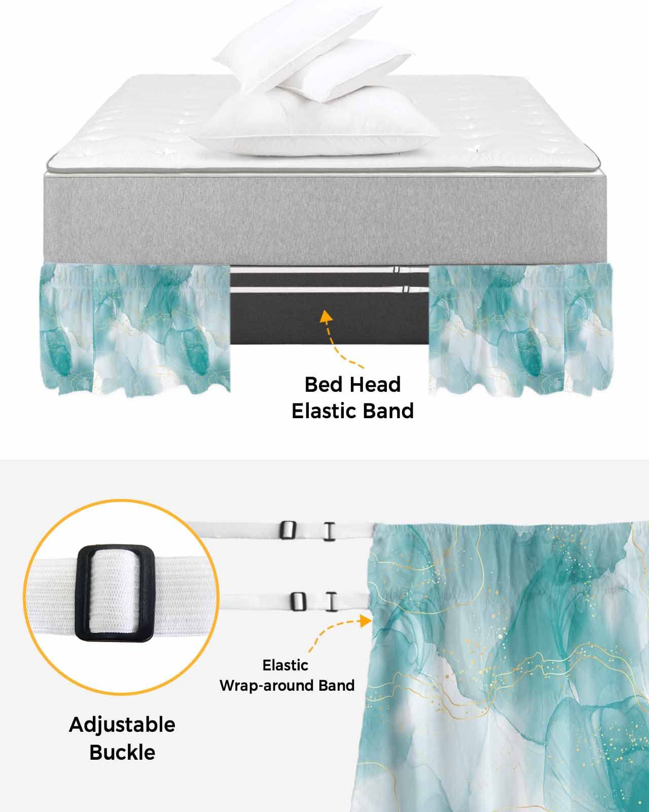 Marble Agate Bed Skirt Queen Size 16 Inch Drop, Adjustable & Elastic Wrap Around Bed Skirts Pleated Luxury Dust Ruffles for Twin Full Queen Cal King Base Bed, Marbling Gold Gradient Aqua Turquoise