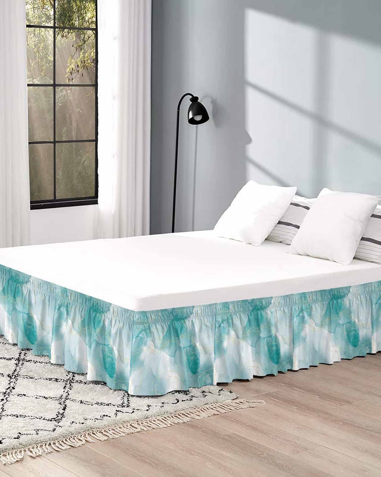 Marble Agate Bed Skirt Queen Size 16 Inch Drop, Adjustable & Elastic Wrap Around Bed Skirts Pleated Luxury Dust Ruffles for Twin Full Queen Cal King Base Bed, Marbling Gold Gradient Aqua Turquoise