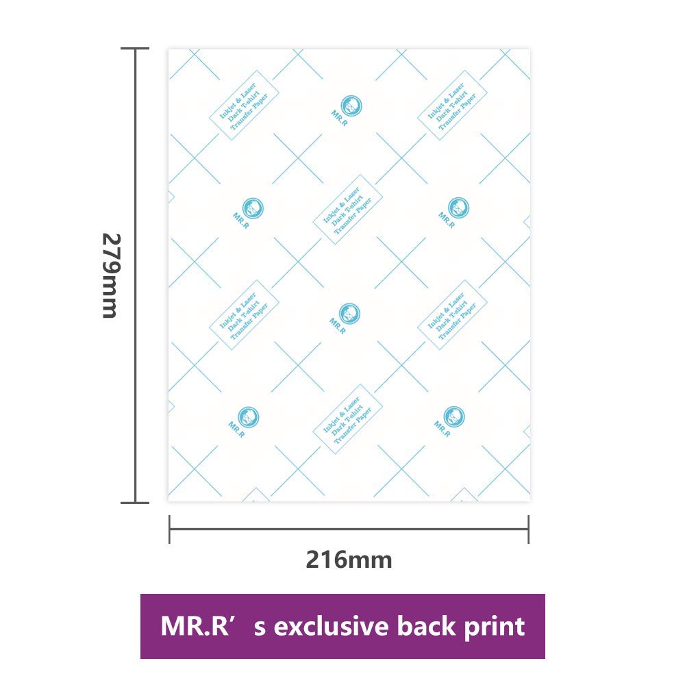 MR.R 8.5''x11'' Inkjet and Laser Compatible Printable Heat Transfer Vinyl Paper for Dark T-shirt Fabric, Made in USA (20 Sheets)