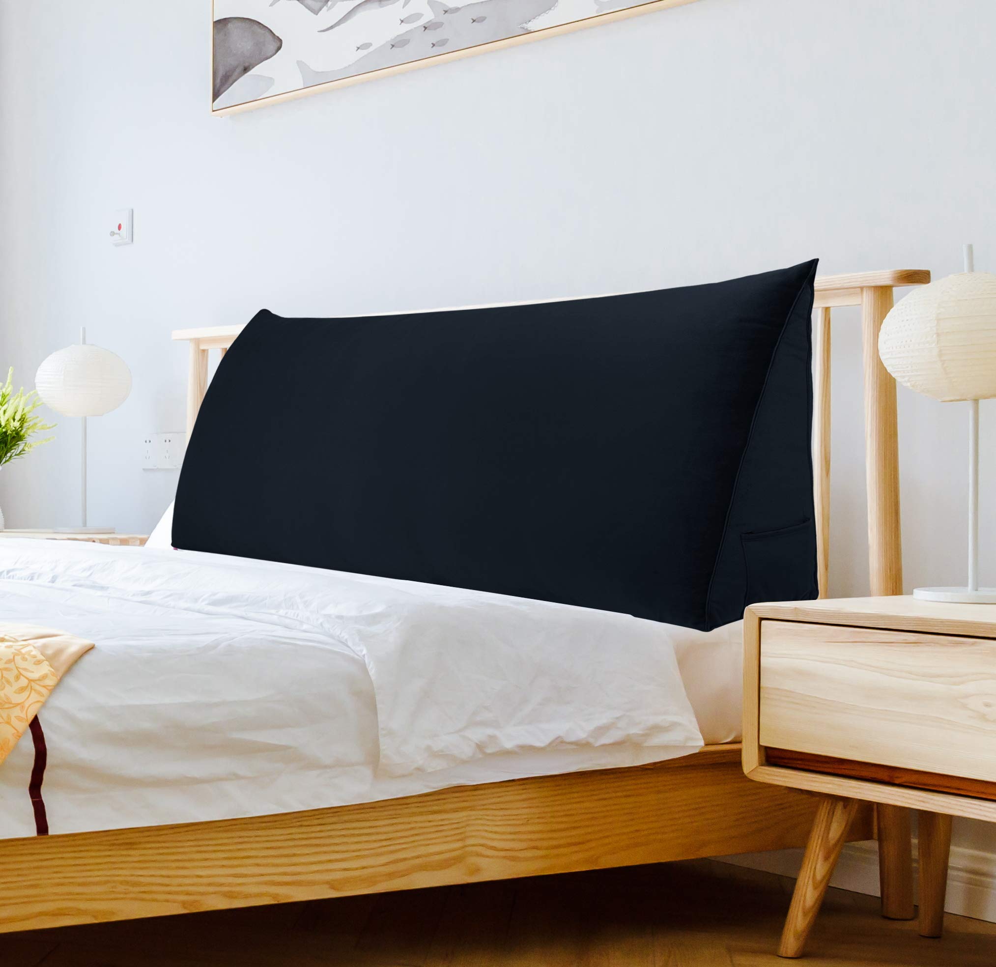 VERCART Large Reading Bed Wedge Pillow, Triangular Upholstered Headboard, Backrest Back Support for Sitting Up in Bed with Removable Velvet Black Cover, California King