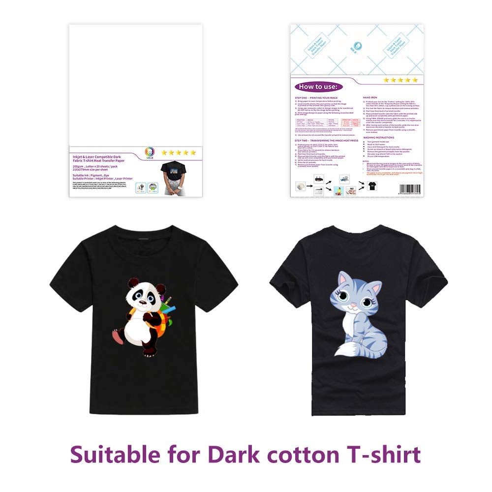 MR.R 8.5''x11'' Inkjet and Laser Compatible Printable Heat Transfer Vinyl Paper for Dark T-shirt Fabric, Made in USA (20 Sheets)