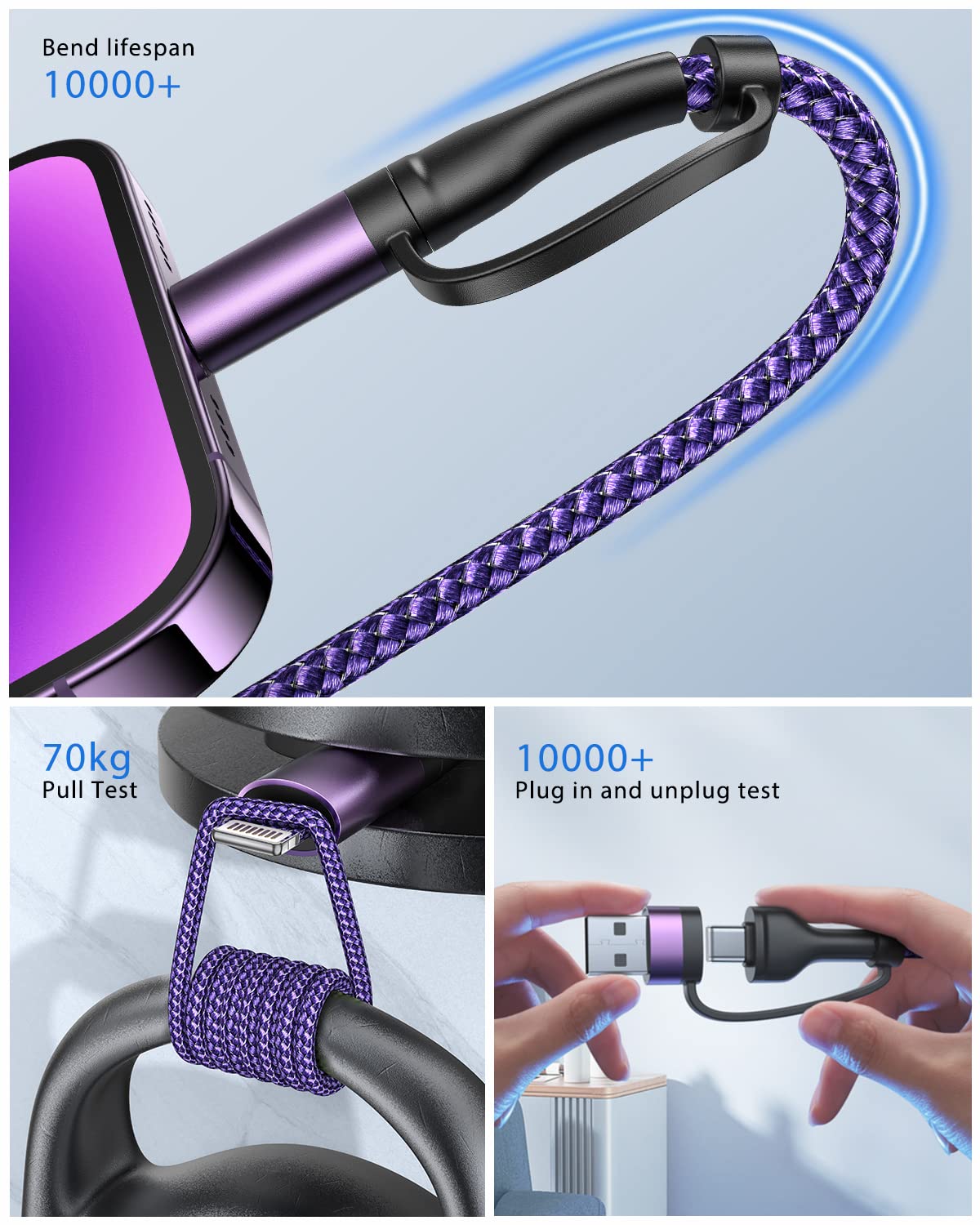 4 in 1 Fast Charging Cable 60W 6FT Apple MFi Certified USB C to Lightning Cable Nylon Braided USB A/C to C/Lightning Cable Multi iPhone Charger Cord for iPhone 16 15 14 13 Pro/iPad/Samsung/MacBook