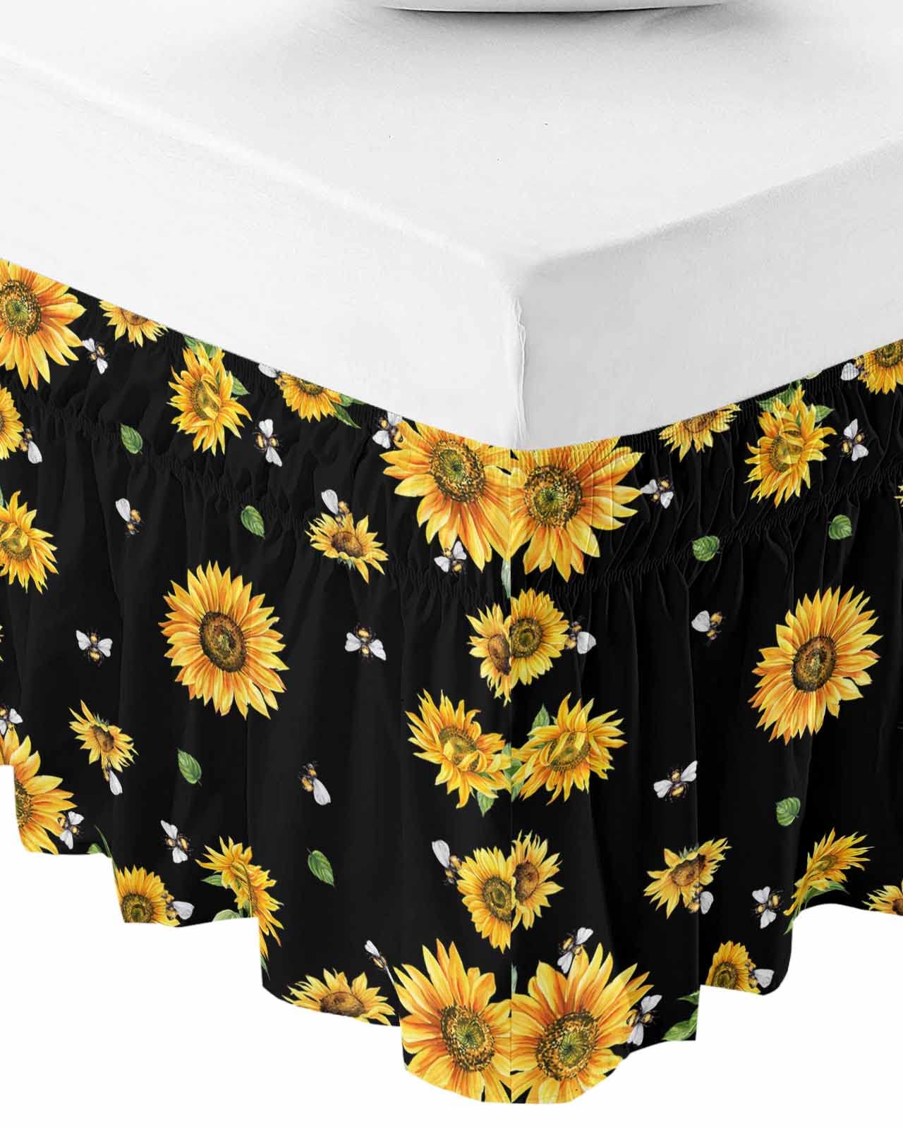 Sunflower Bee Bed Skirt King Size 16 Inch Drop, Adjustable & Elastic Wrap Around Bed Skirts Pleated Luxury Dust Ruffles for Twin Full Queen Cal King Base Bed, Rustic Spring Floral Flowers Black