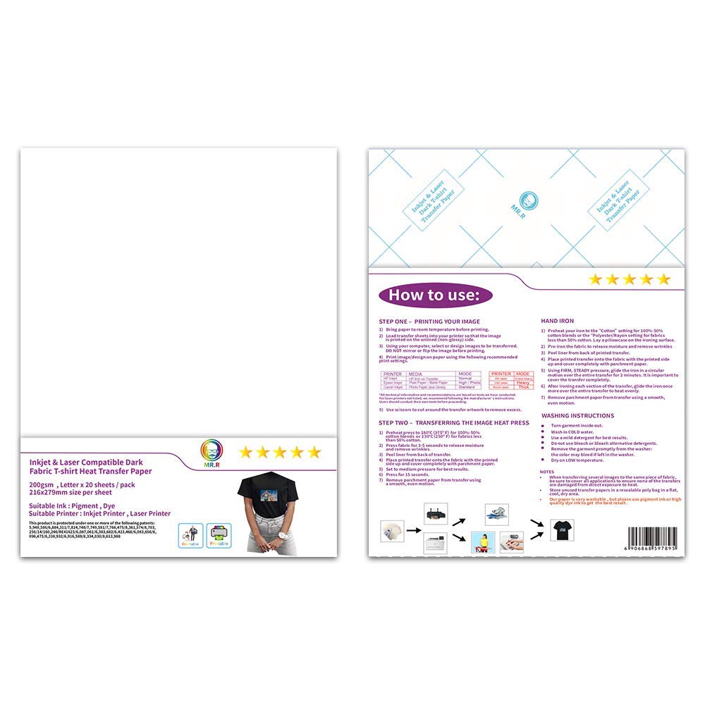 MR.R 8.5''x11'' Inkjet and Laser Compatible Printable Heat Transfer Vinyl Paper for Dark T-shirt Fabric, Made in USA (20 Sheets)